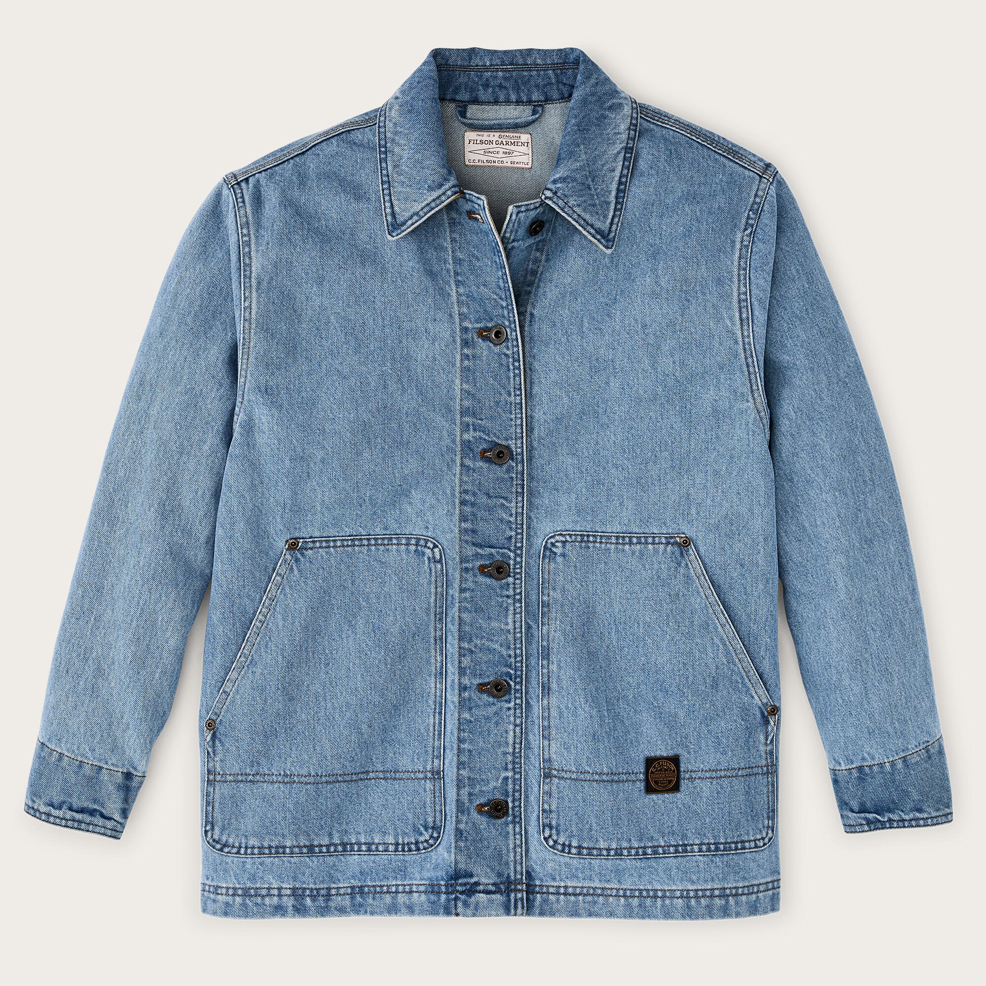 Women’s denim barn coat by Filson | Stone wash indigo